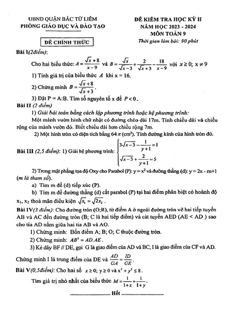 De Hoc Ky 2 Toan 9 Nam 2023 2024 Phong GDDT Bac Tu Liem Ha Noi | PDF