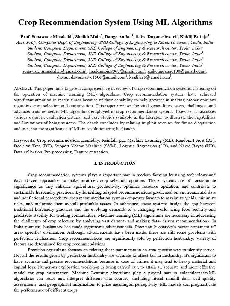 Crop Recommendation System Using ML Algorithms Final-2 | Download Free PDF | Machine Learning ...