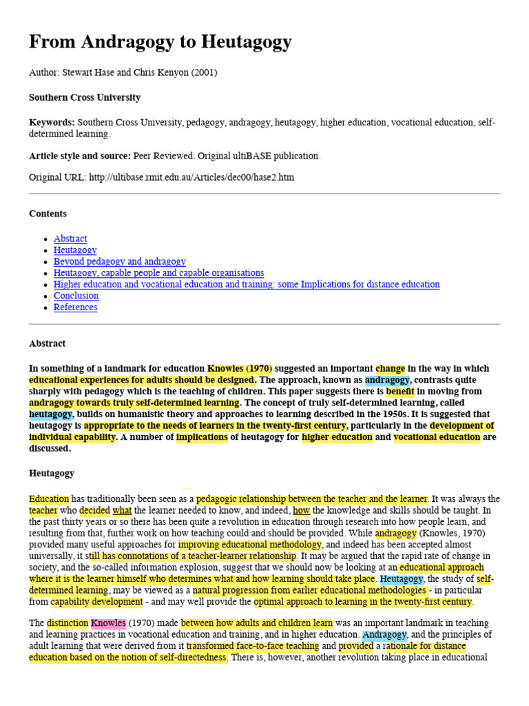 From Andragogy To Heutagogy | PDF | Learning | Pedagogy