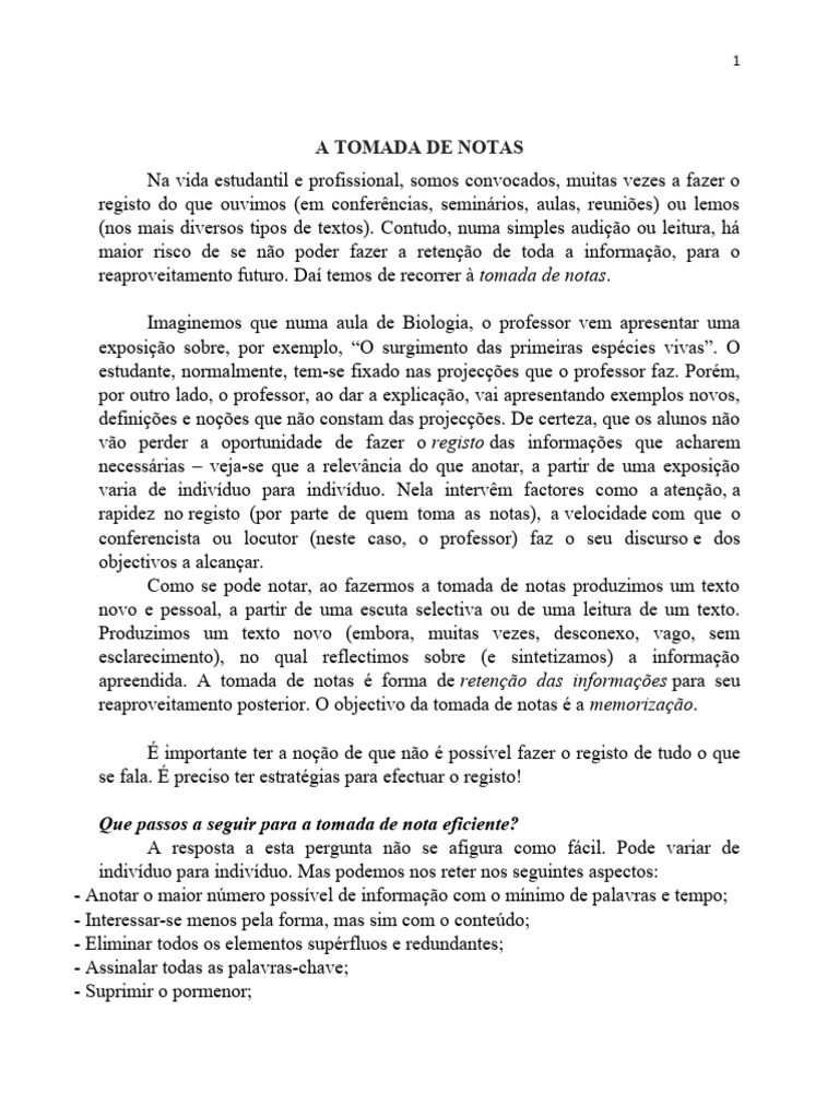 Aula 1 - Tomada de Notas | PDF | Informação | Palavra