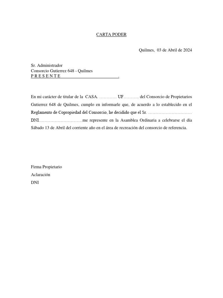 CARTA PODER Asamblea Ordinaria Abril 2024 | PDF CARTA PODER Asamblea Ordinaria Abril 2024 | PDF
