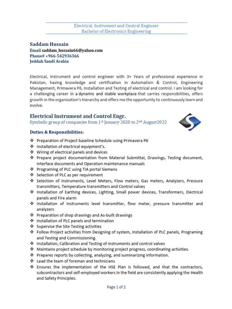 Saddam CV DF | PDF | Instrumentation | Programmable Logic Controller