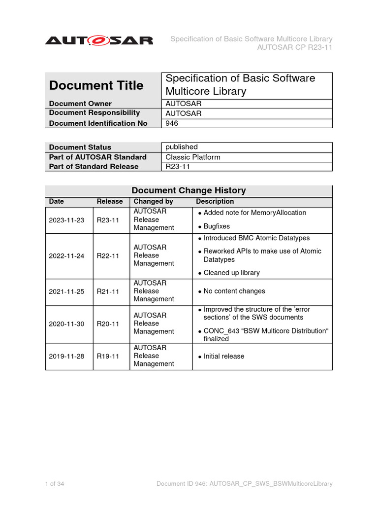 AUTOSAR CP SWS BSWMulticoreLibrary | PDF | Library (Computing) | Specification (Technical Standard)
