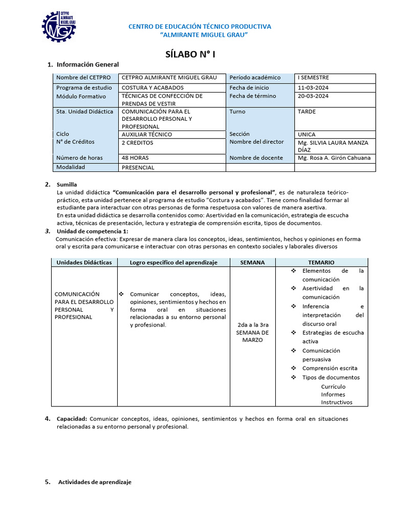Silabo 1 - Comunicación | PDF | Evaluación | Comunicación
