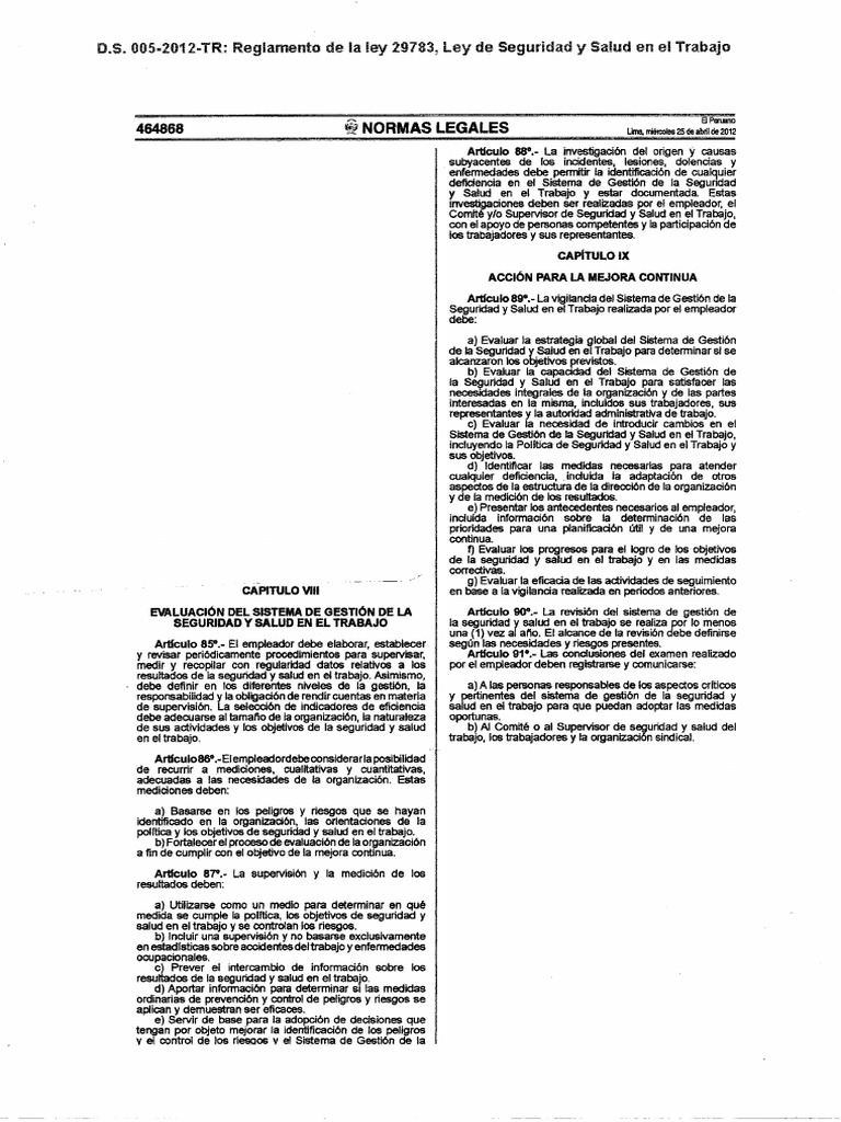 005-2012-TR: Reglamento de Ia Ley 29783, Ley de Seguridad y Salud en El Trabajo | PDF ...