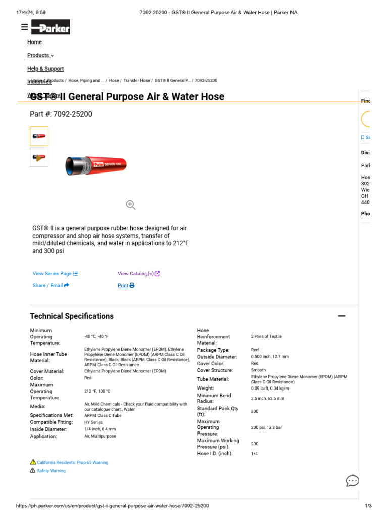 7092-25200 - GST® II General Purpose Air & Water Hose - Parker NA | PDF
