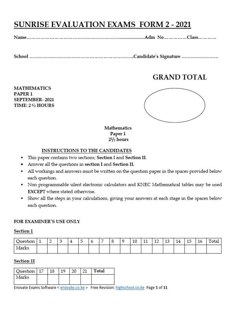 Form 2 Mathematics Term 1 Exam Paper | PDF | Area | Cartesian ...