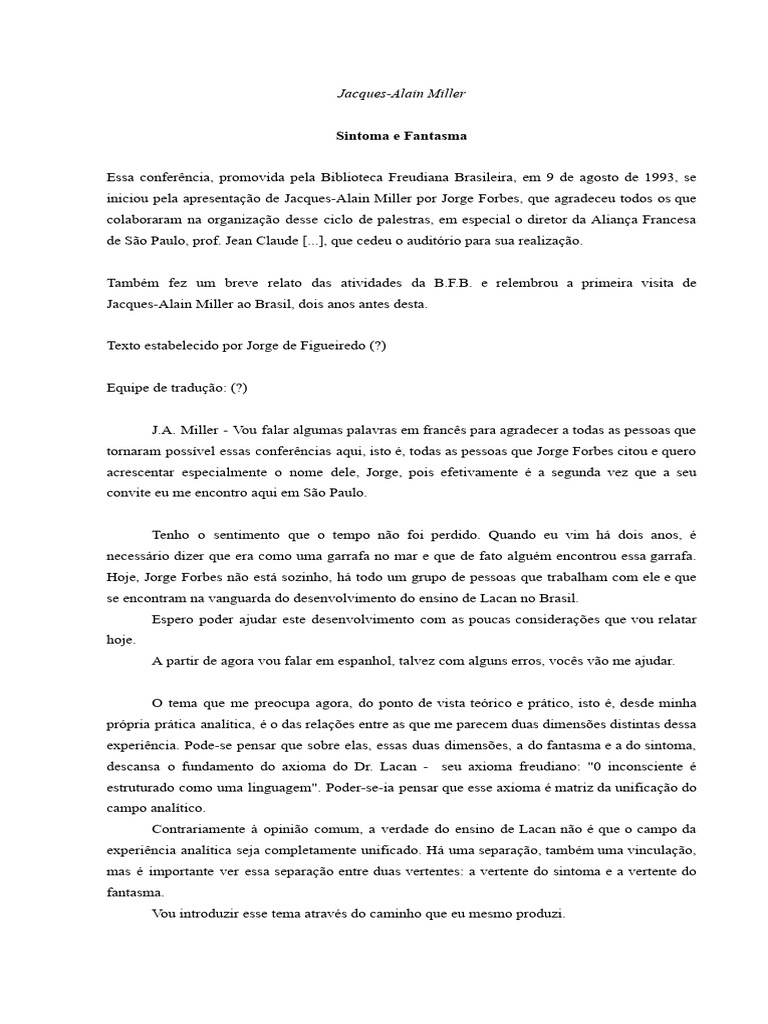 Jacques Alain Miller - Sintoma e Fantasma | PDF | Jacques Lacan ...