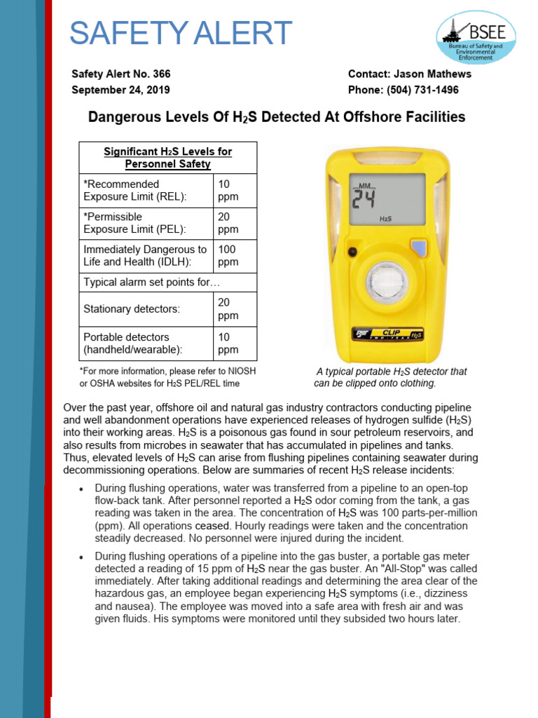 Safety Alert 366 Dangerous Levels of h2s Detected at Offshore ...