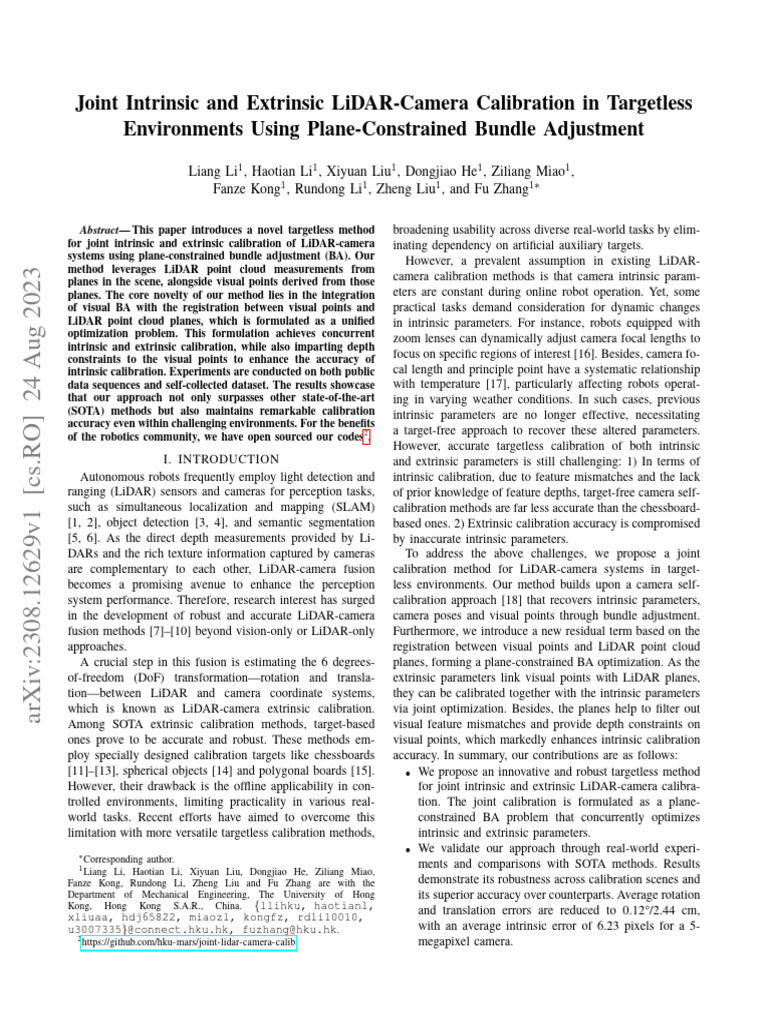 Joint Intrinsic and Extrinsic LiDAR-Camera Calibration in Targetless | Download Free PDF | Lidar