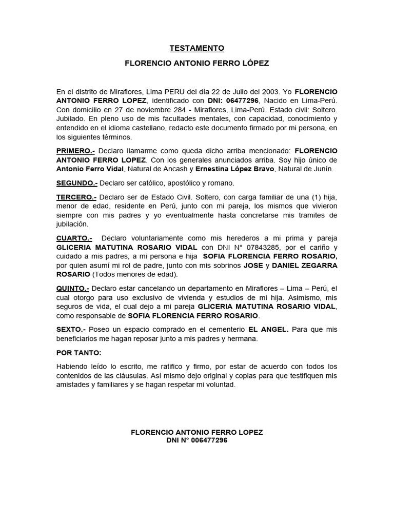 TESTAMENTO | PDF | Documento de identidad | Perú