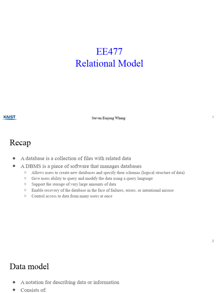 EE477 Lecture 2 - Relational Model | PDF | Relational Database | Relational Model