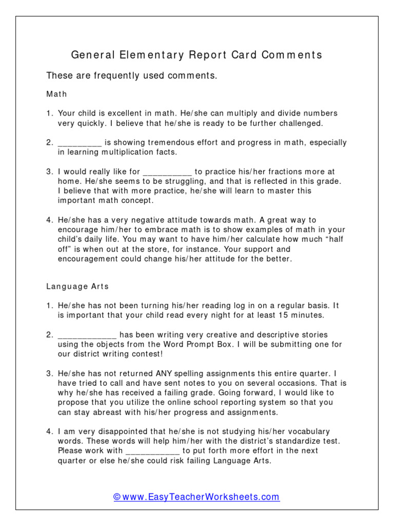 General Elementary Report Card Comments: These Are Frequently Used ...