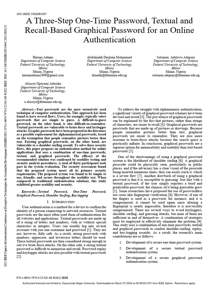 A Three-Step One-Time Password Textual and Recall-Based Graphical ...