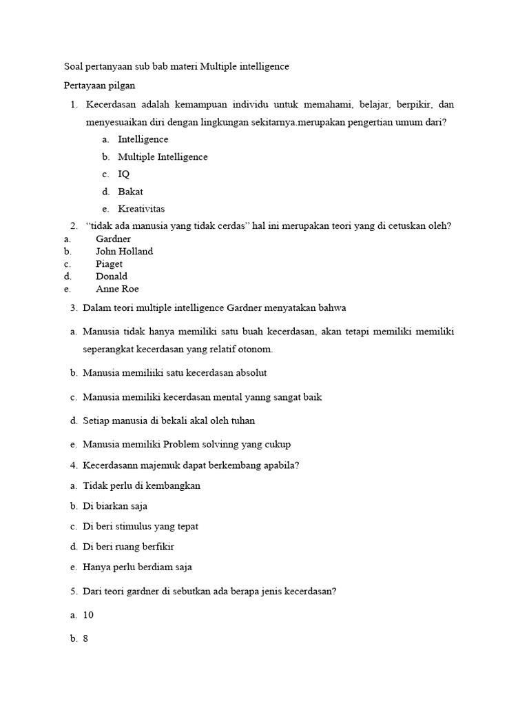 Soal Pertanyaan Sub Bab Materi Multiple Intelligence | PDF