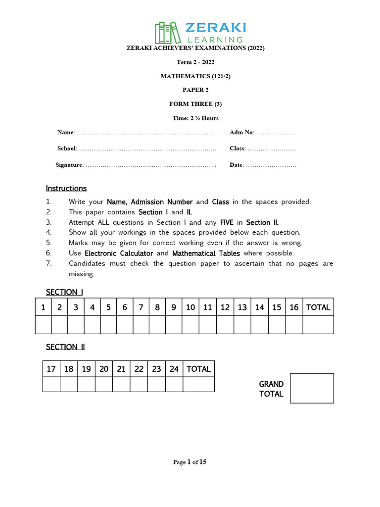 Mathematics Form 3 Paper 2 Question Paper Pdf Trigonometric Functions Mathematics