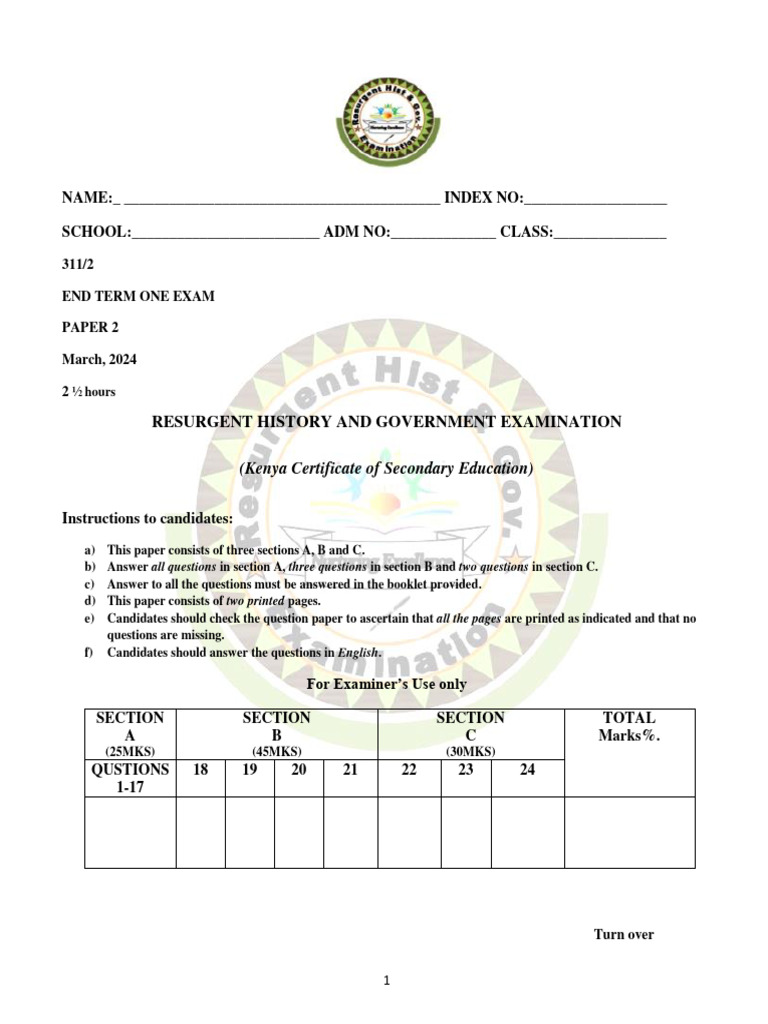 Resurgen Form 4 End Term One, PP2, 2024 | PDF | Africa | British Empire