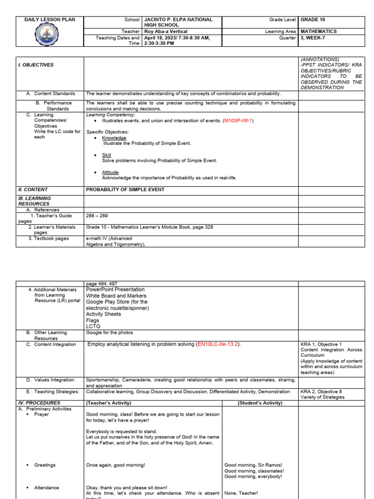 DLL COT1 Simple Events 2 | PDF | Probability | Learning