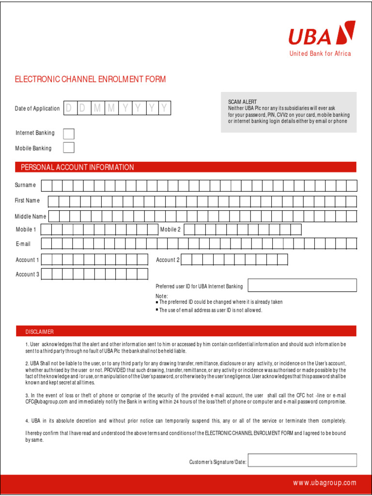 UBA Electronic Channel Enrollment Form | PDF | Password | Banks & Banking