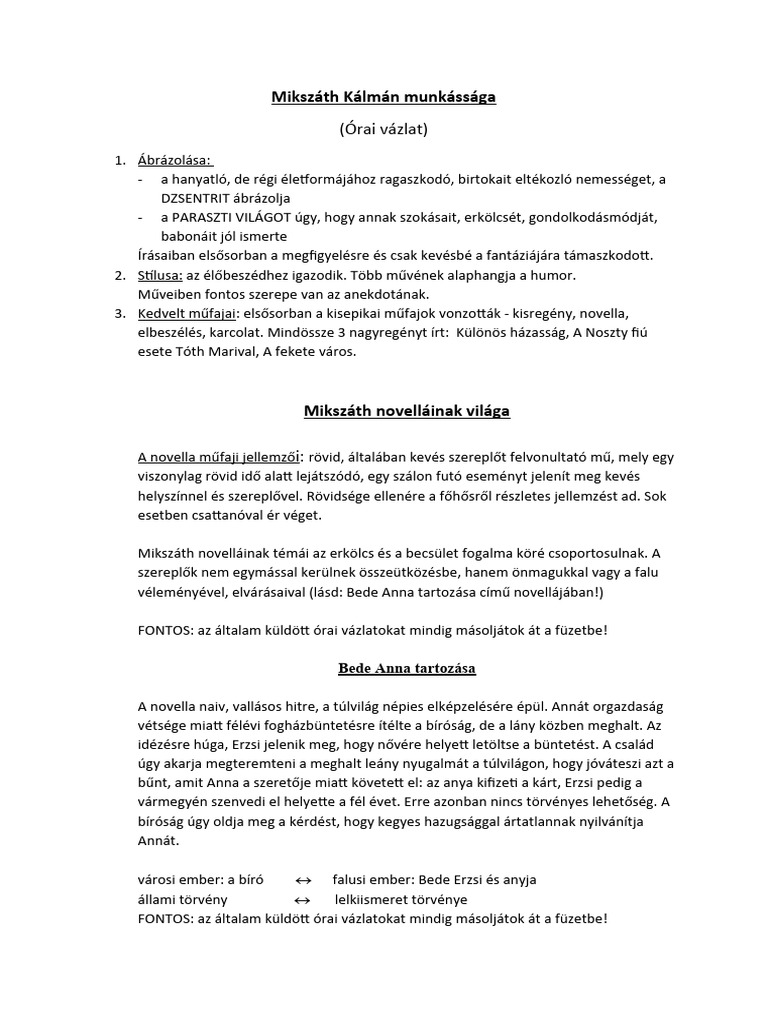 Mikszáth Kálmán Munkássága, Bede Anna Tartozása | PDF