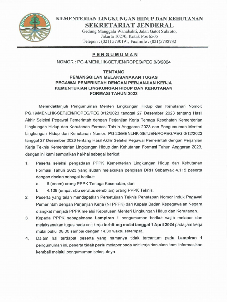 Pengumuman Pemanggilan Tugas PPPK Formasi 2023 - 240328 - 123432 | PDF