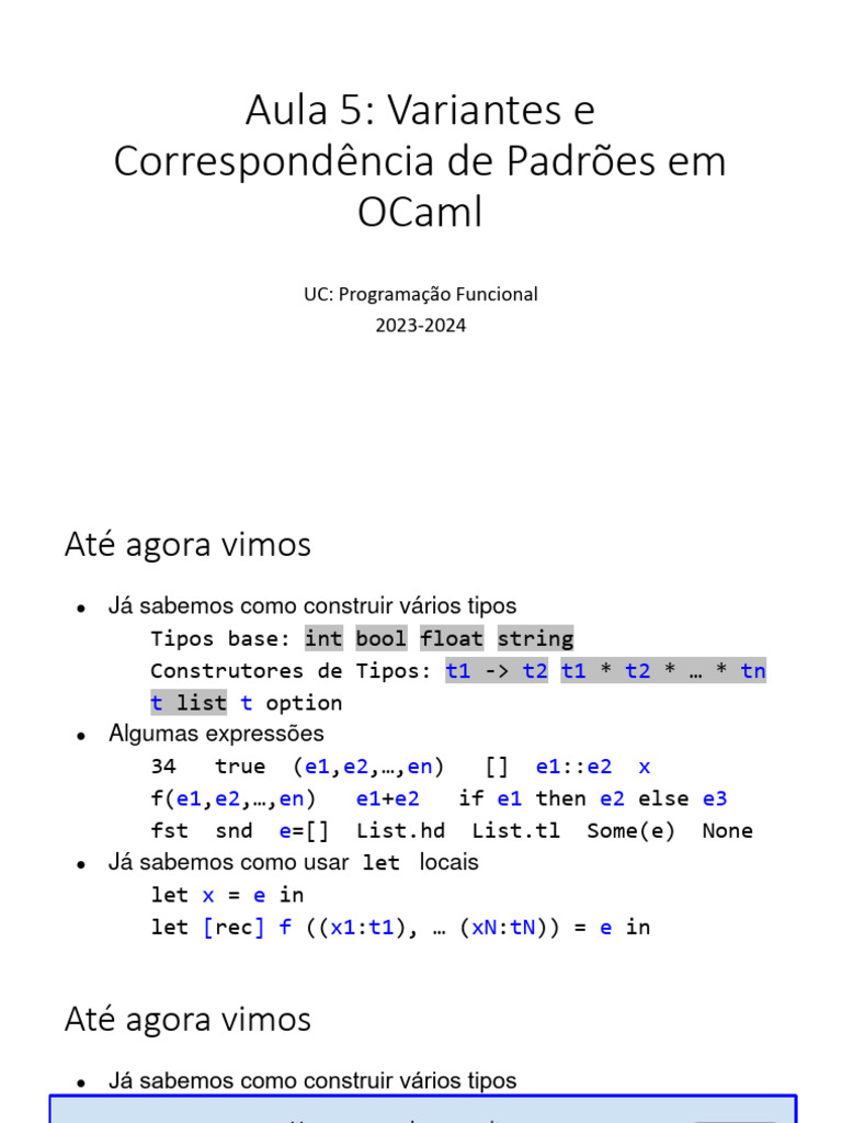 Aula5 - Variantes e Correspondência de Padrões em OCaml | PDF ...