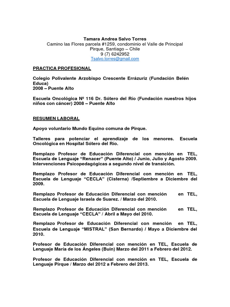 CV Tamara Salvo Torres 2024 | PDF | Espectro autista | Aprendizaje
