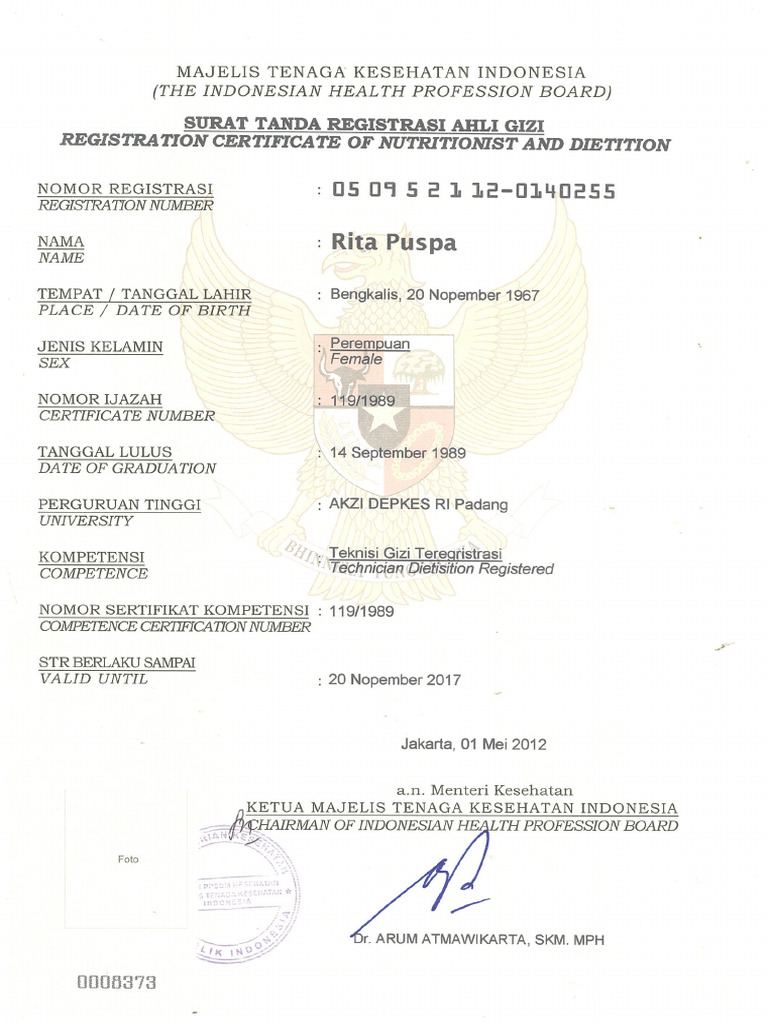 Surat Tanda Registrasi Ahli Gizi | PDF