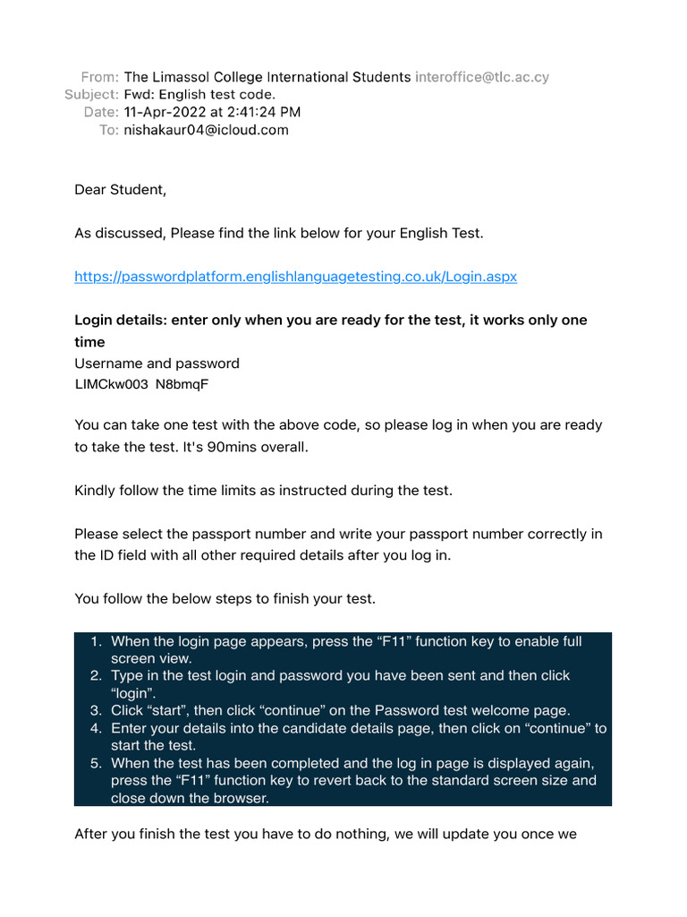 English Test Instructions and Login Details | PDF