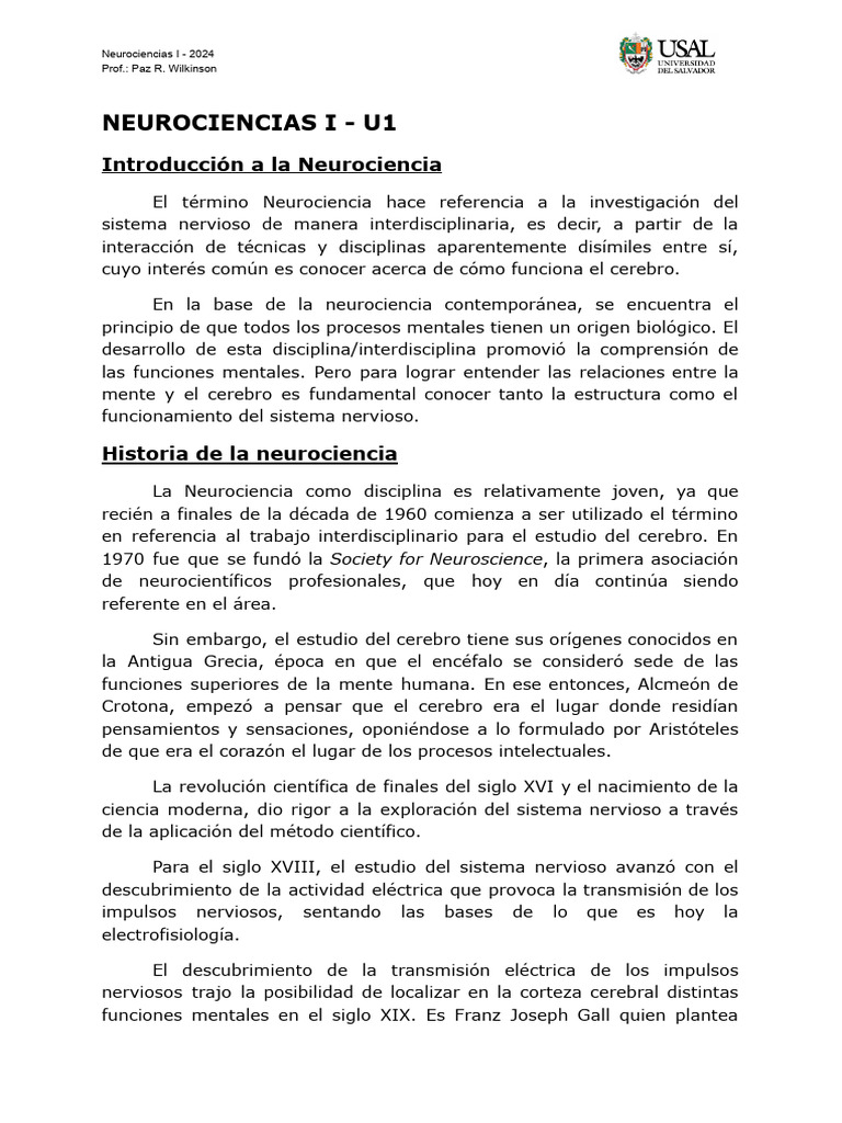 Introducción A La Neurociencia - U1 | Descargar gratis PDF | Neurociencia | Cerebro