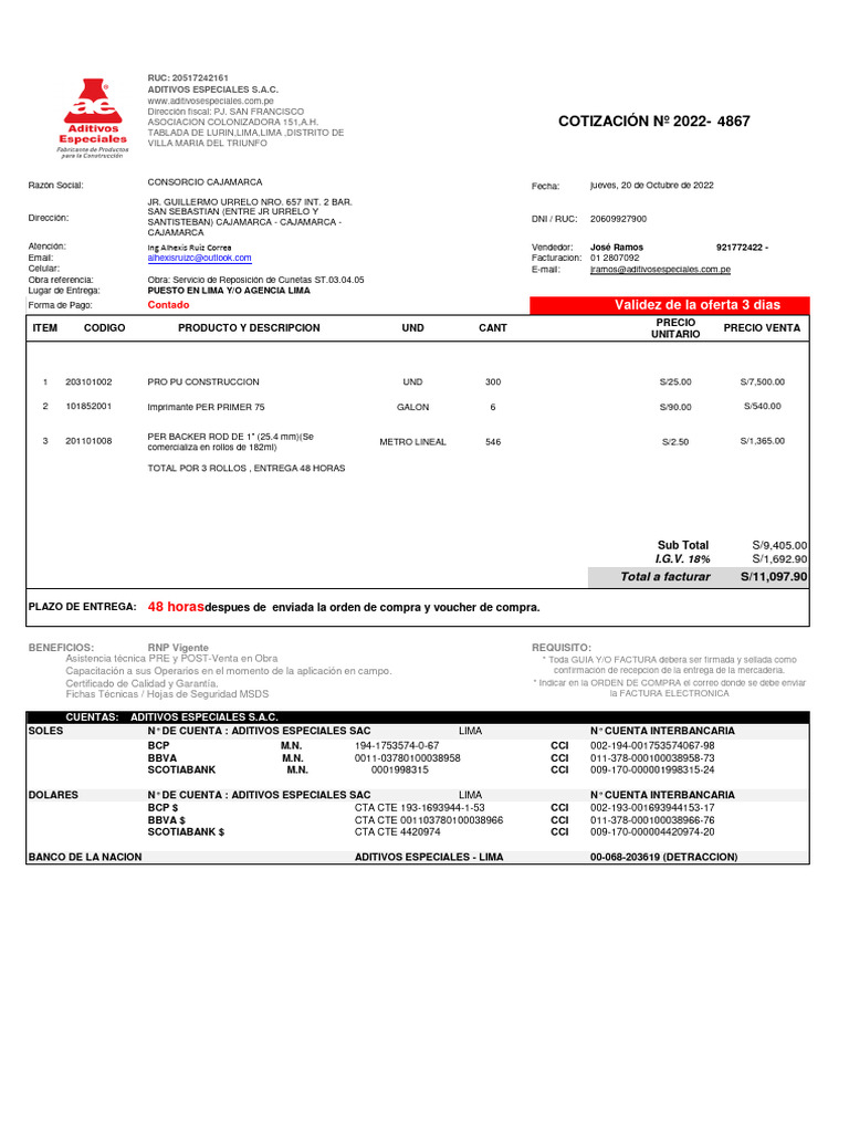 Cotizacion Aditivos Especiales S.a.C. - 2022-4867 Consorcio Cajamarca | PDF | Servicios ...