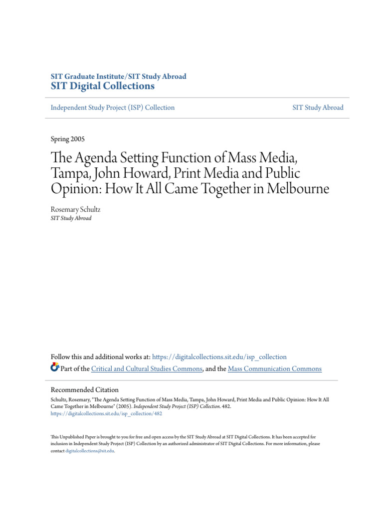 The Agenda Setting Function of Mass Media, Tampa, John Howard, Print ...