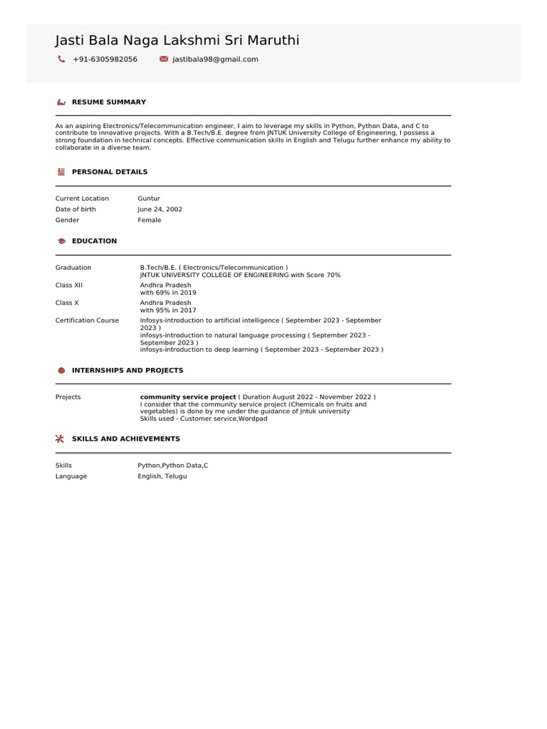 Jasti Bala Naga Lakshmi Sri Maruthi Resume | PDF | Computers