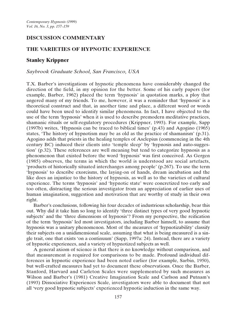 The Varieties of Hypnotic Experience | PDF | Hypnosis | Hypnotherapy