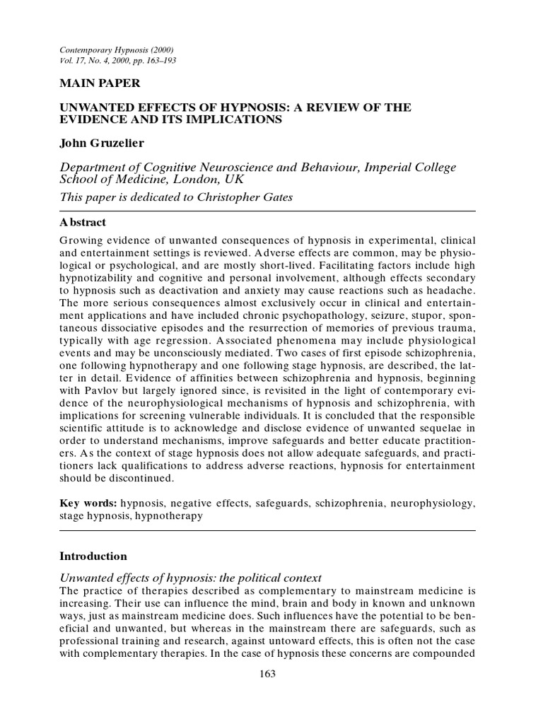 Unwanted_effects_of_hypnosis_a_review_of | PDF | Hypnosis | Psychology