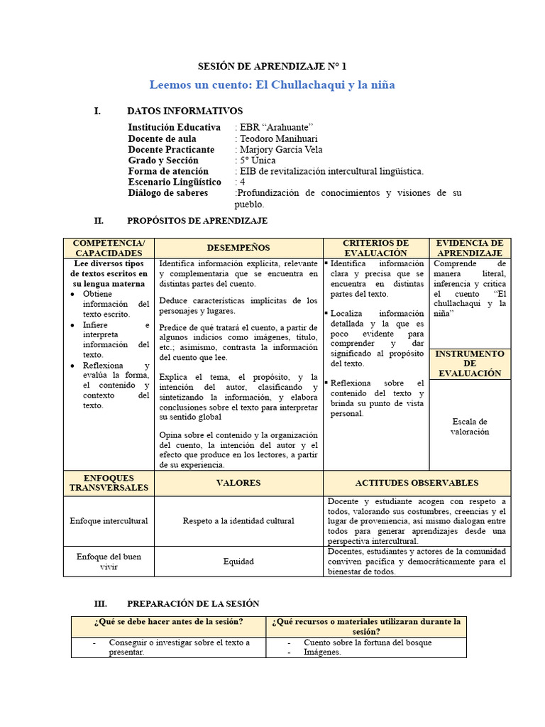 Sesión de Aprendizaje N°1 - Proyecto | Descargar gratis PDF | Aprendizaje | Información