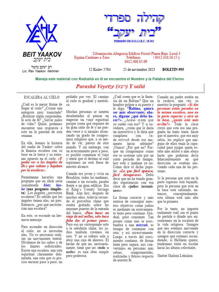 Boletin 995 Vayetze Y Salió 07 2023 | PDF | Judios y judaísmo