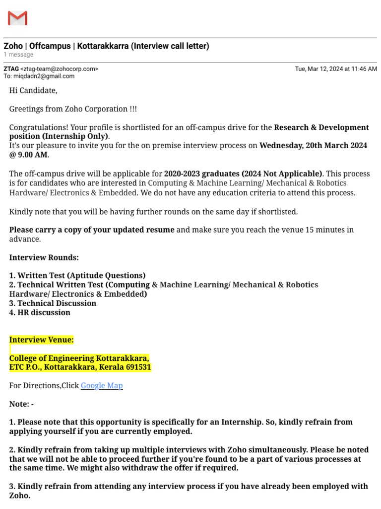 Zoho R&D Internship Interview Call | PDF