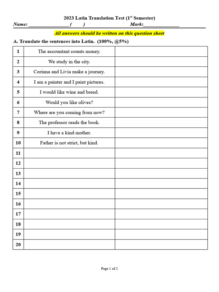 Latin Test (1st Term) | PDF | Language Arts & Discipline | Teaching ...
