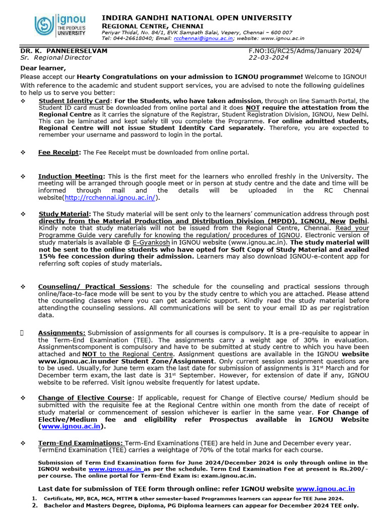 IGNOU WELCOME LETTER - January 2024 | PDF | University And College ...