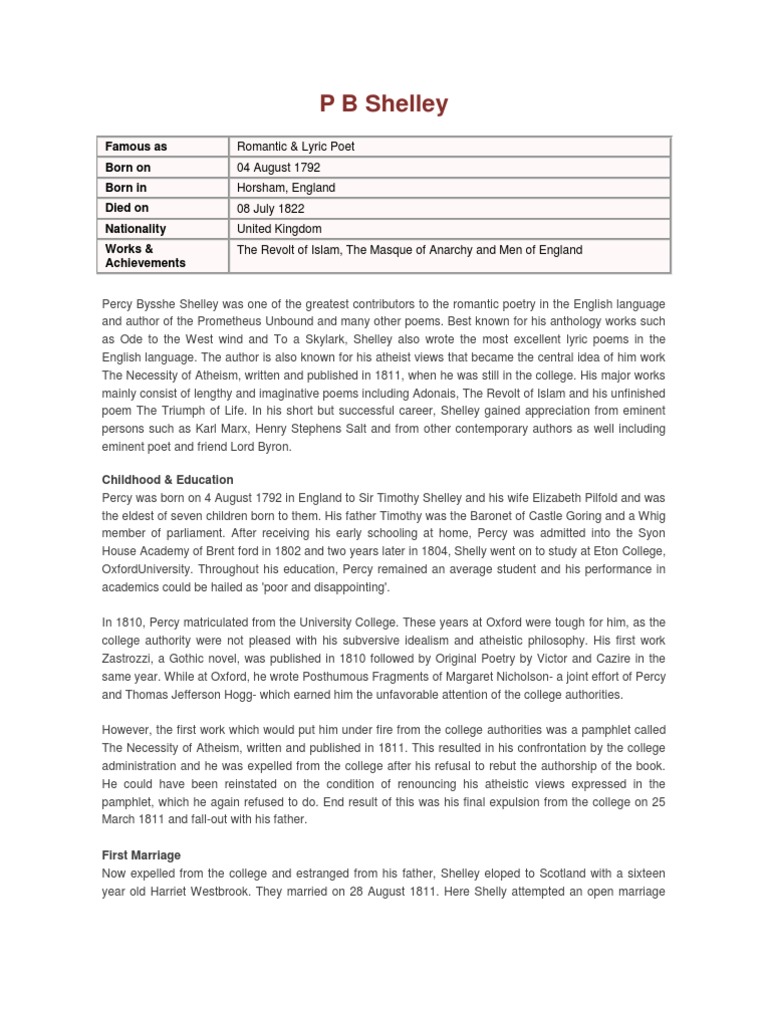 P B Shelley | Percy Bysshe Shelley | Poetry