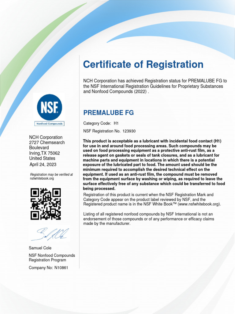 GRASA NCH PREMALUBE FG 2 - Certificado NSF | PDF