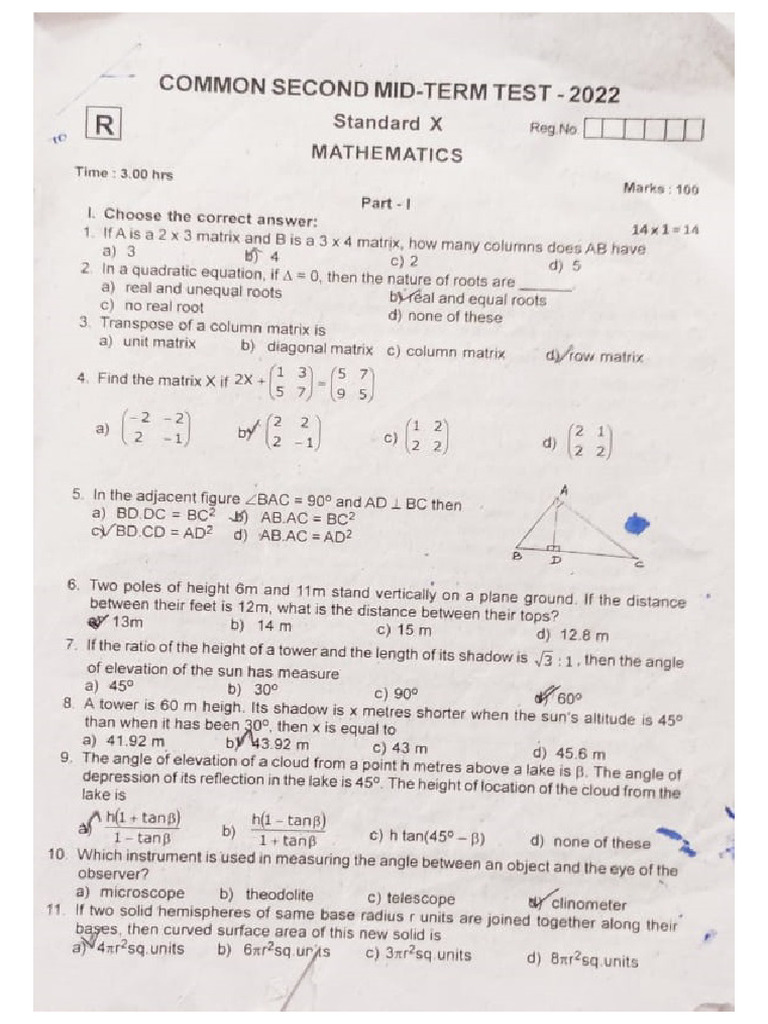 10th Maths 2nd Mid Term Exam 2022 2023 Original Question Paper Ranipet District English Medium ...