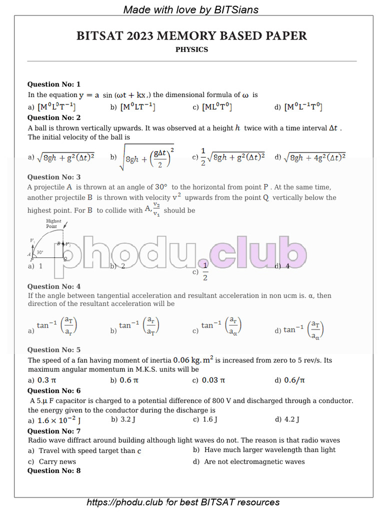 Bitsat Paper 1 | PDF | Pendulum