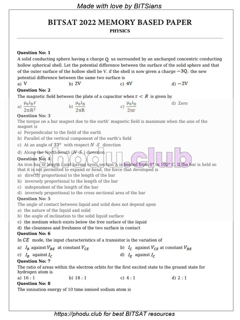 Bitsat Paper 2 | PDF | Acceleration | Angular Momentum