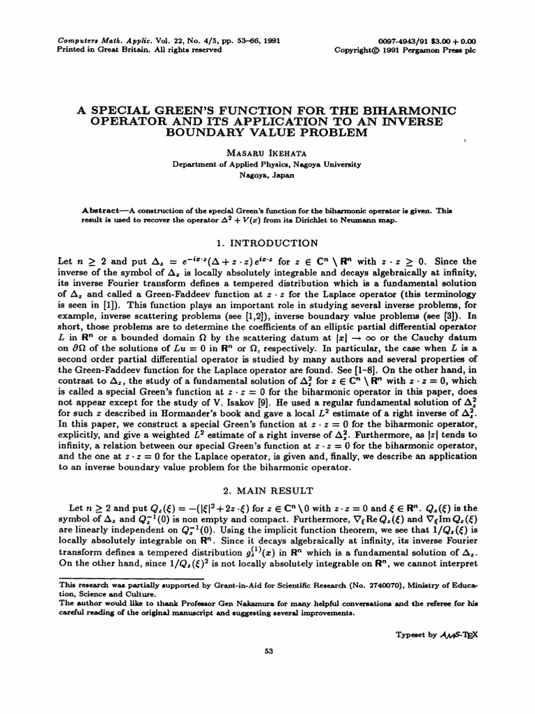 A Special Green's Function For The Biharmonic Operator and Its Application To An Inverse ...