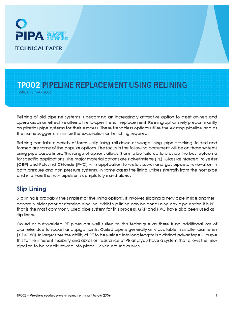 Pipeline Relining Techniques Explained | PDF | Pipe (Fluid Conveyance ...