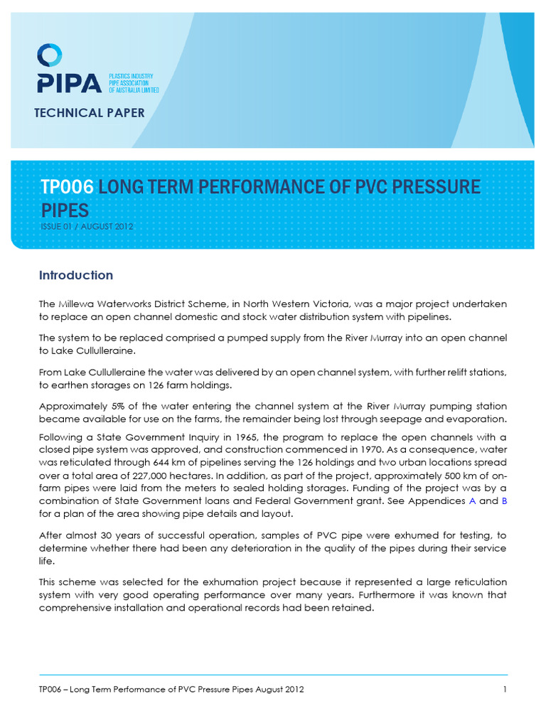 PIPA TP006 Long Term Performance of PVC Pressure Pipes August 2012 | PDF | Pipe (Fluid ...