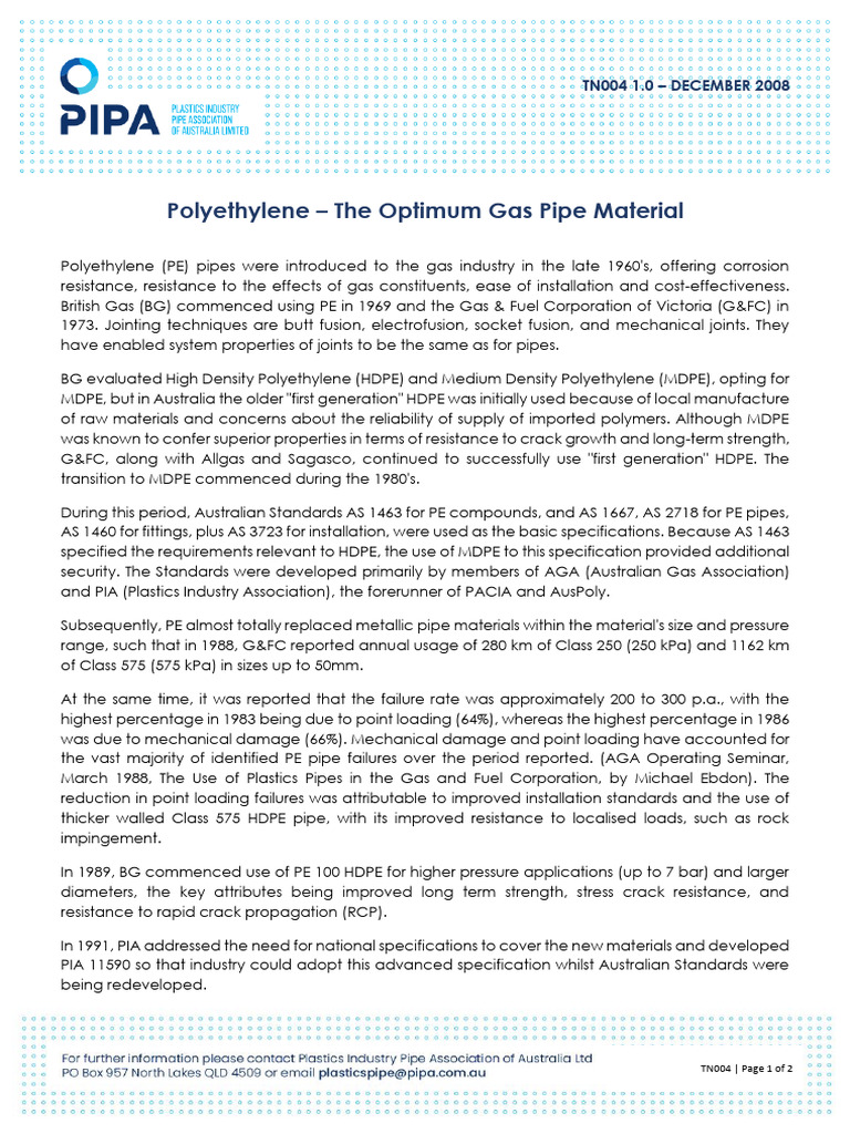 TN004 - Polyethylene The Optimum Gas Pipe Material December 2008 | PDF ...