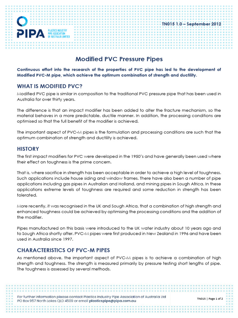 TN015 - Modified PVC Pressure Pipes September 2012 | PDF | Pipe (Fluid ...